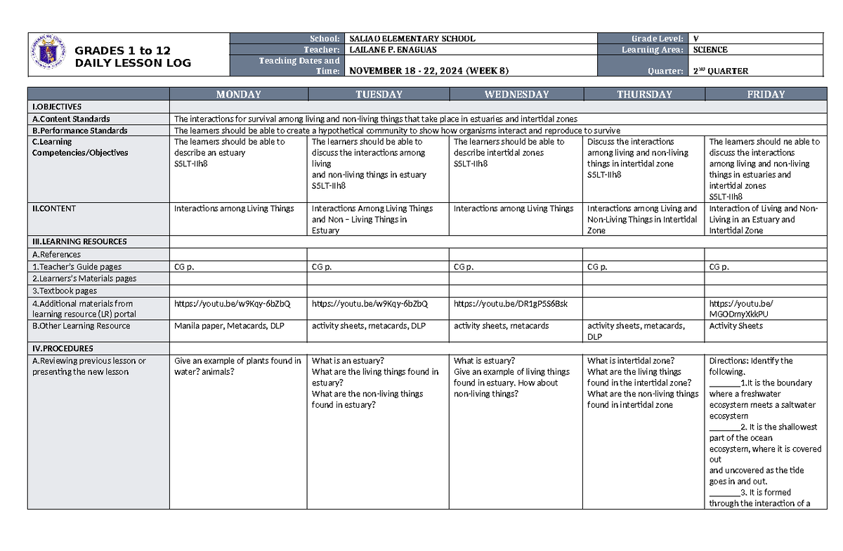 DLL Science 5 Q2 W8 - Daily Lesson Log - GRADES 1 to 12 DAILY LESSON ...