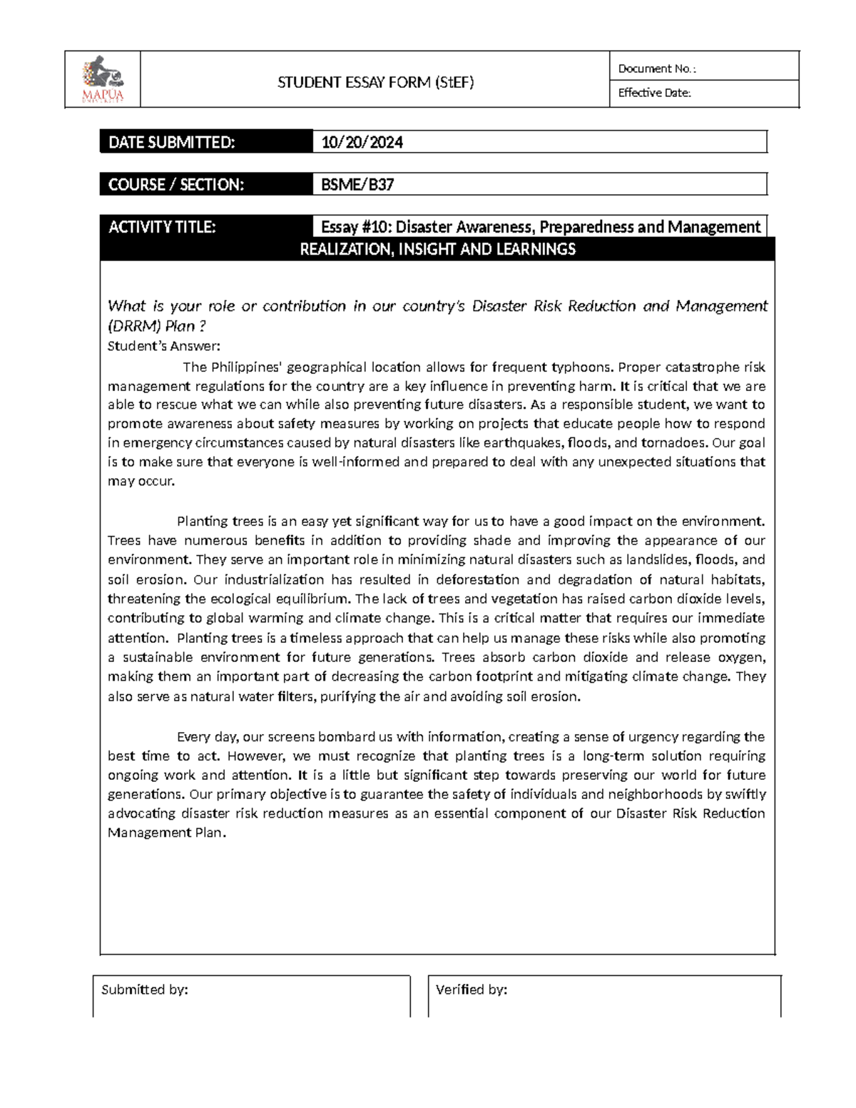 15-NSTP001-St EF-Disaster Awareness Preparedness and Management - DATE SUBMITTED: 10/20/ COURSE ...