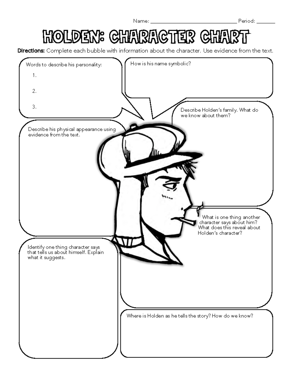 The Catcher in the Rye Characterization Activity Worksheets - Holden ...