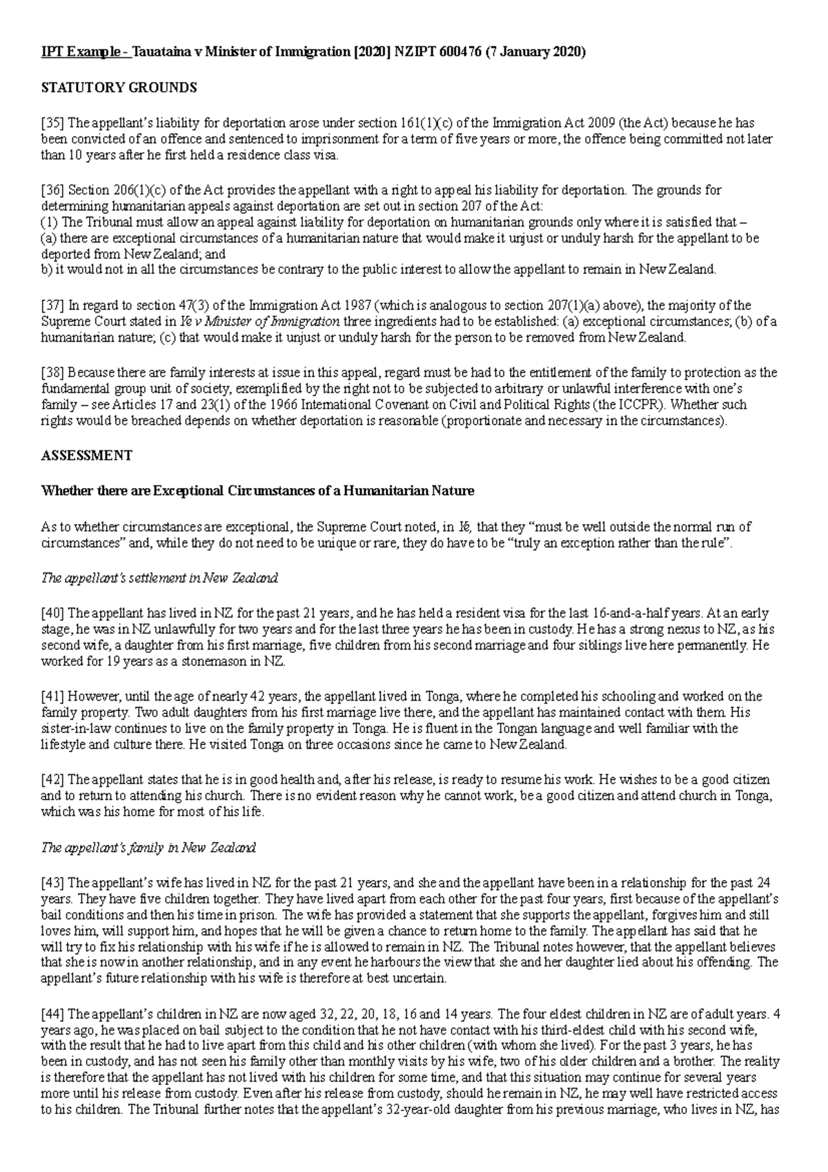 IPT Example - s 207 Deportation - IPT Example - Tauataina v Minister of ...