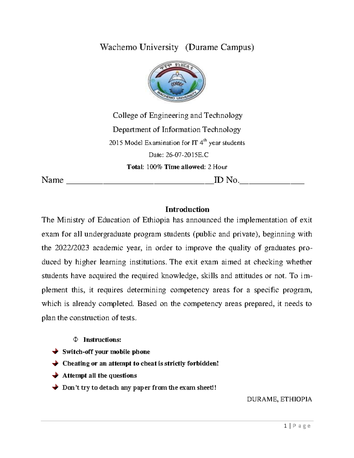 2015 modal exam Updated - Wachemo University (Durame Campus) College of ...