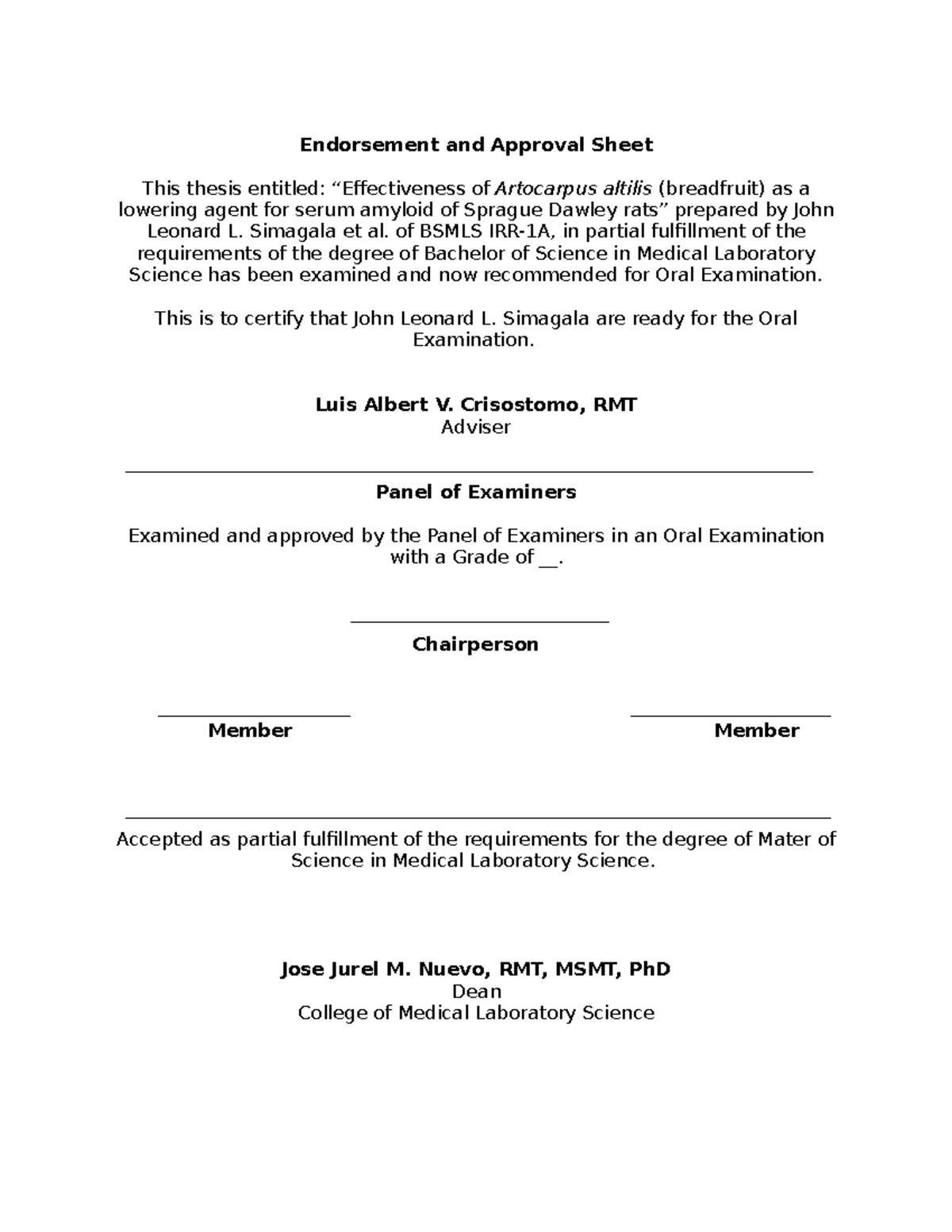 Endorsement and Approval Sheet - Simagala et al. of BSMLS IRR-1A, in ...