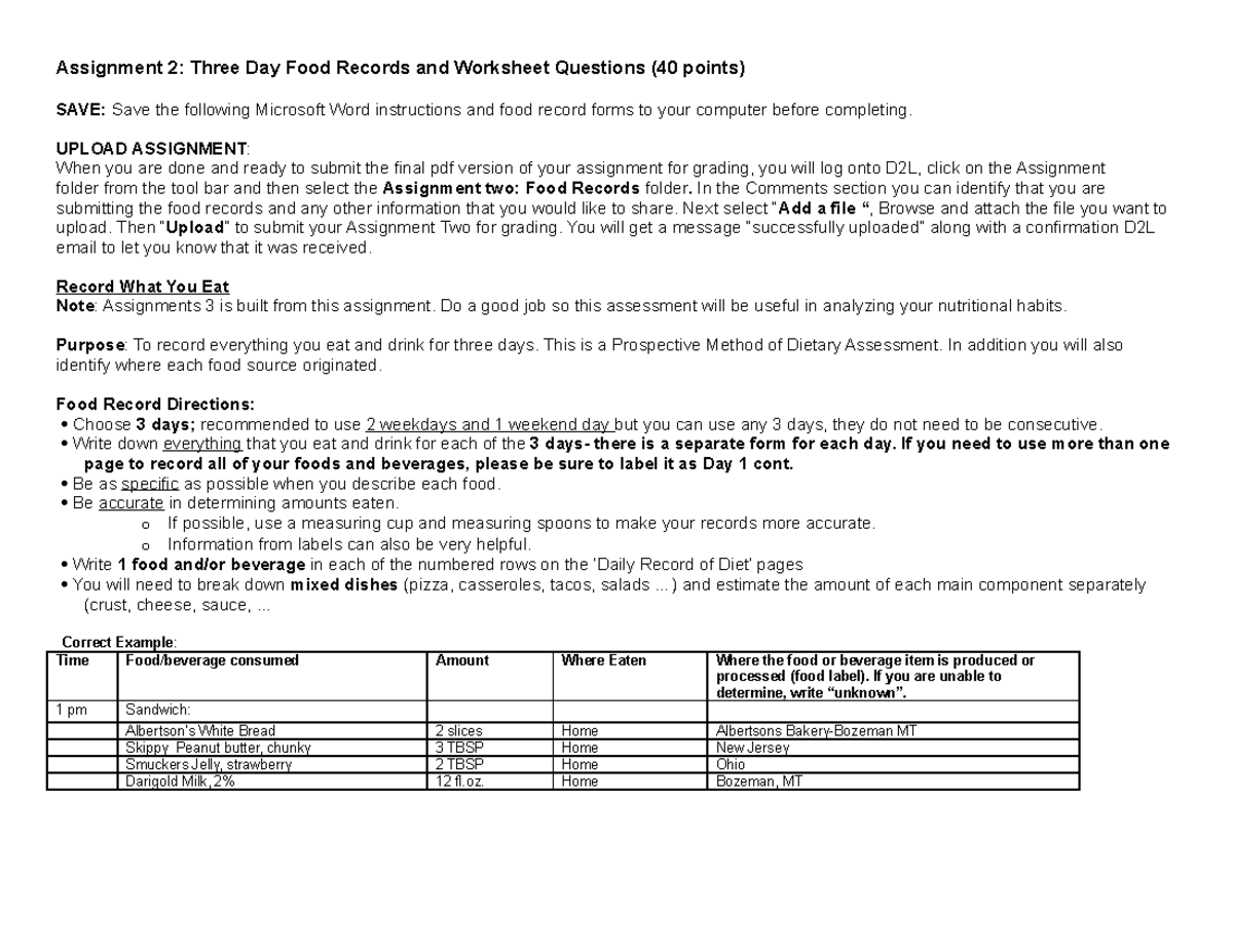 2 Three Day Food Record Forms Farmers Market Ques Assignment 2 