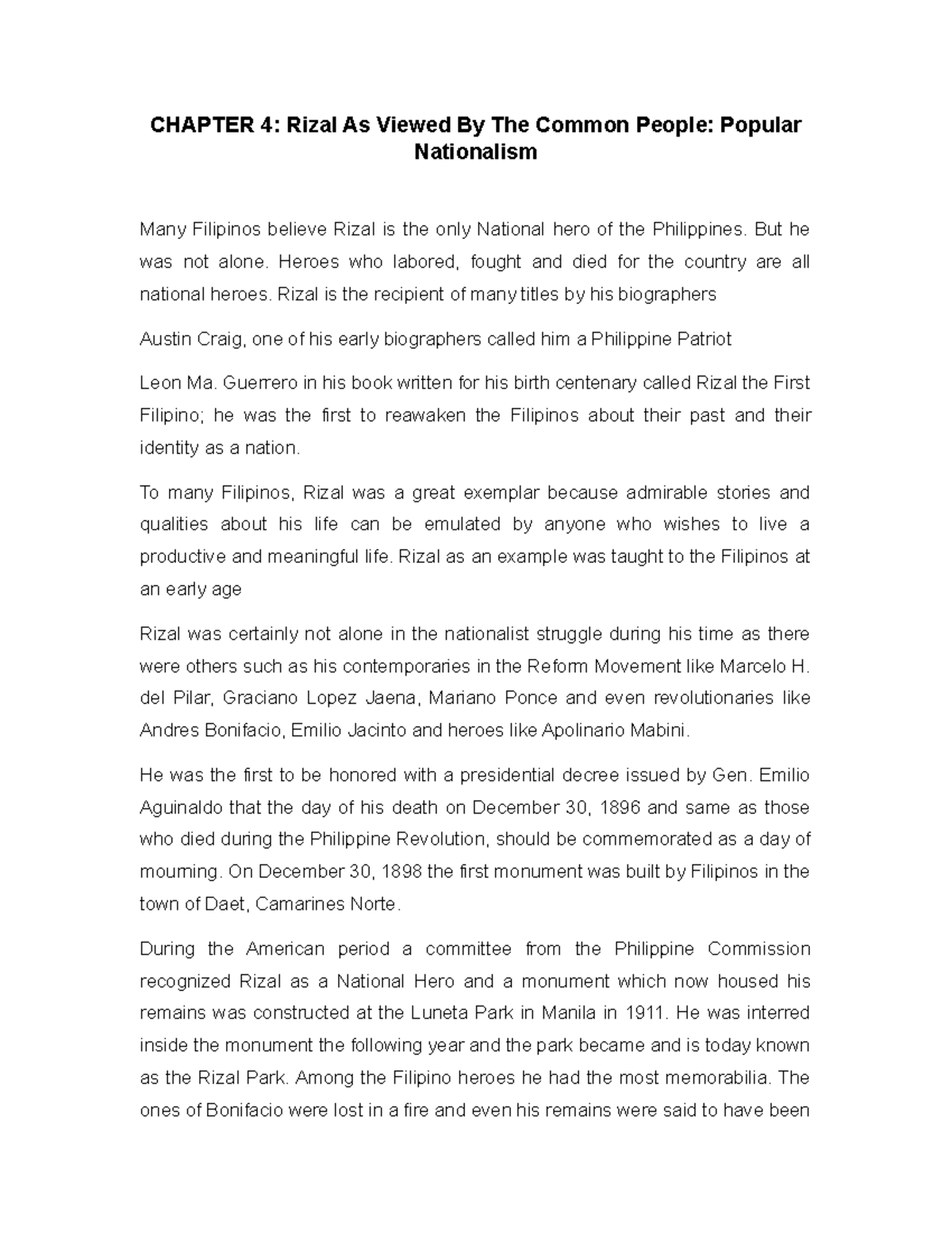 Chapter 4 Rizal - CHAPTER 4: Rizal As Viewed By The Common People: Popular Nationalism Many ...