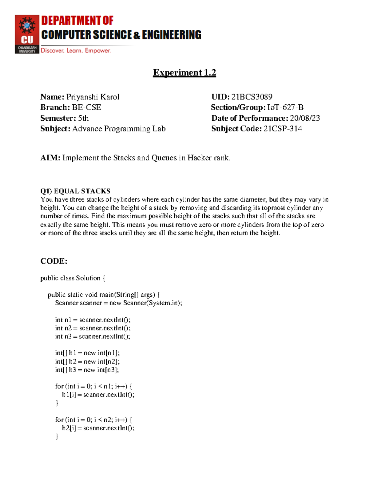 AP 1 - svsdvdsvdsvddd - Experiment 1. Name: Priyanshi Karol UID: 21BCS3 089 Branch: BE-CSE - Studocu