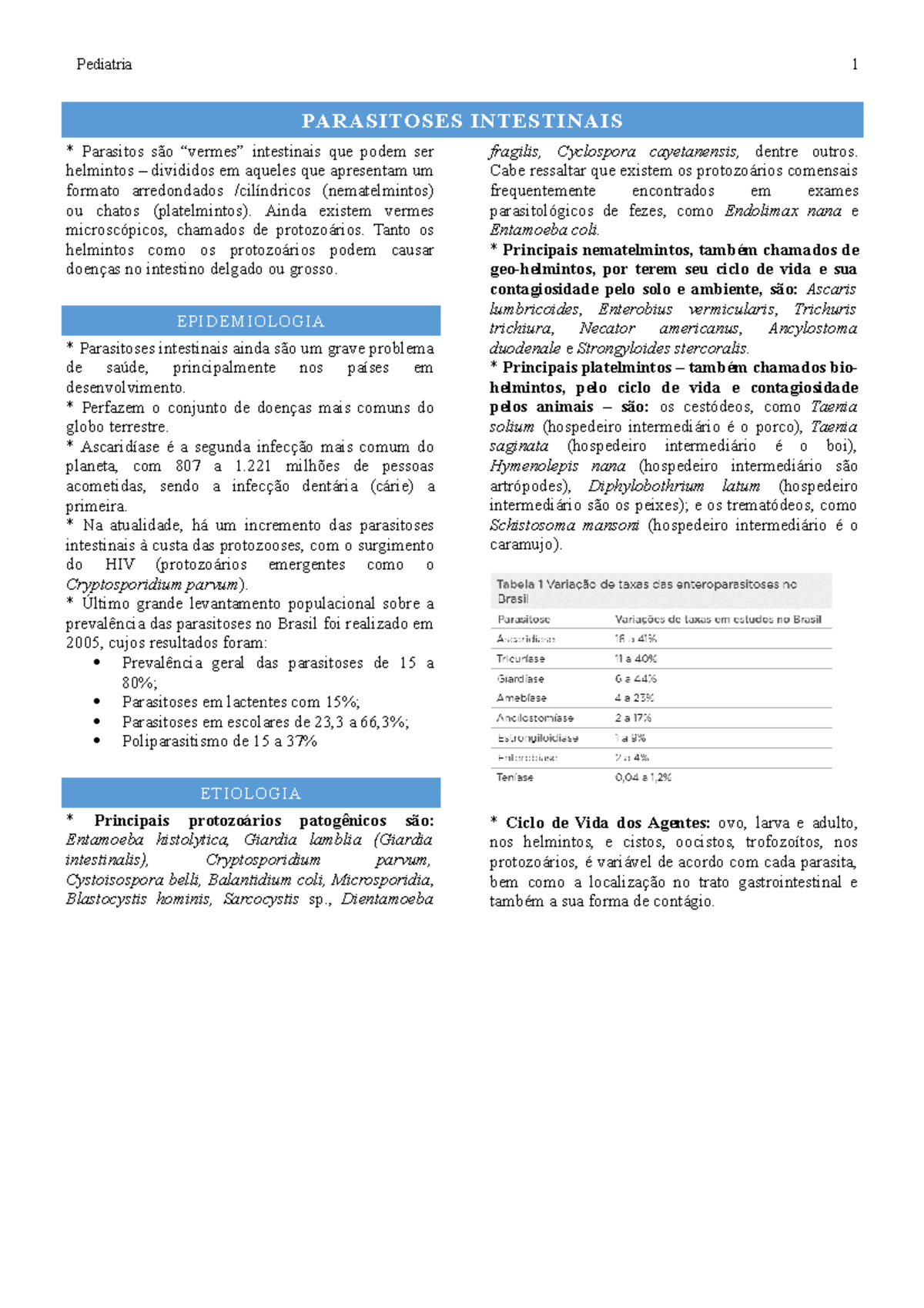 Resumo Parasitoses Intestinais - PARASITOSES INTESTINAIS Parasitos são ...