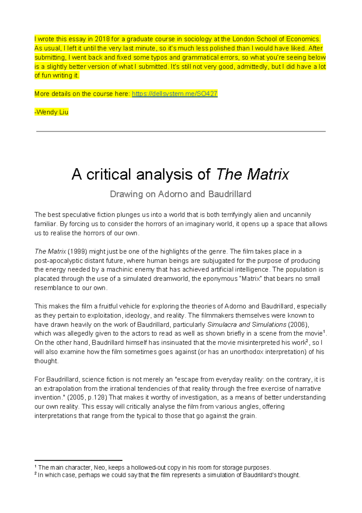 SO427-matrix - Matrix Essay - I wrote this essay in 2018 for a graduate ...