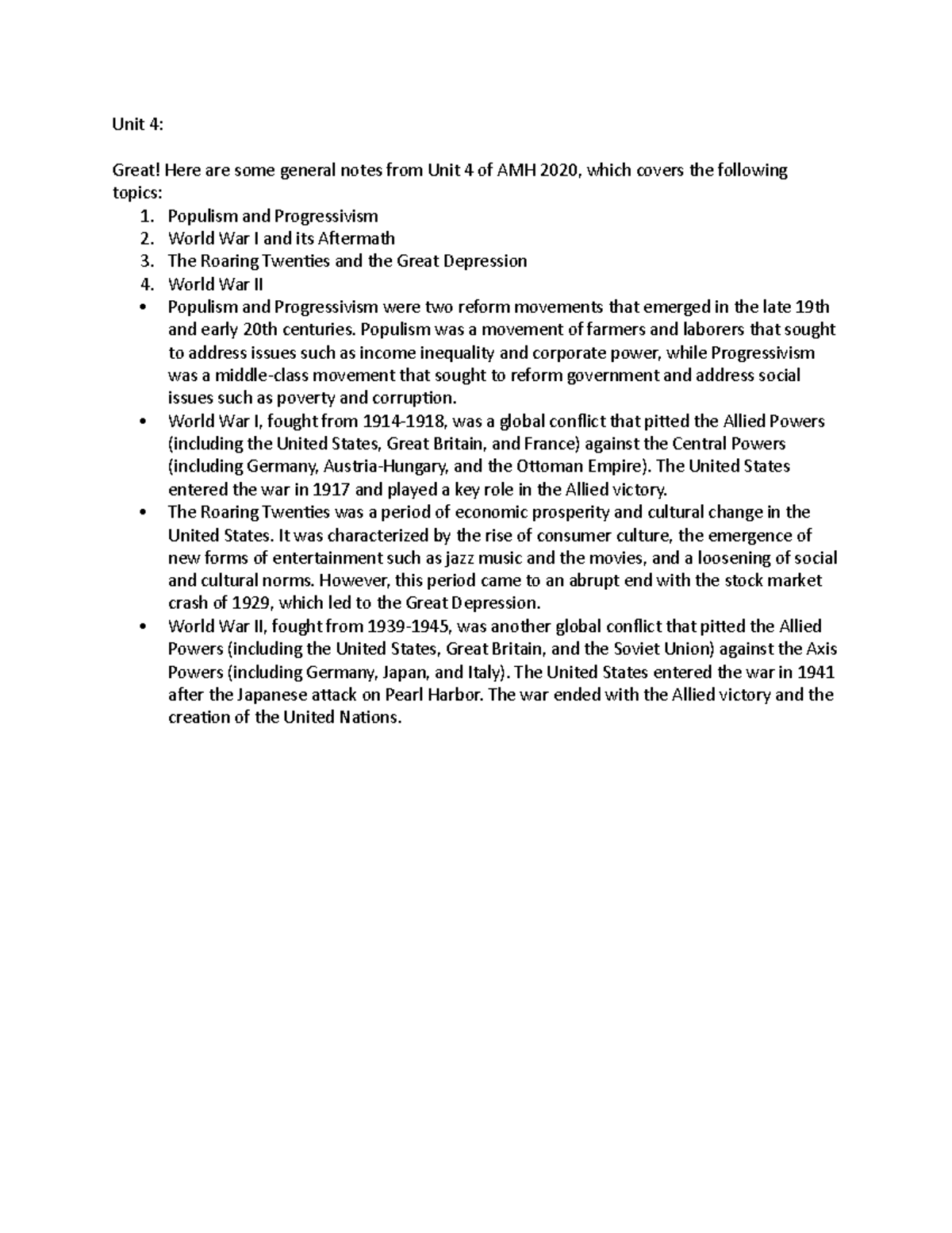 Unit 4 Notes AMH - Unit 4: Great! Here are some general notes from Unit ...