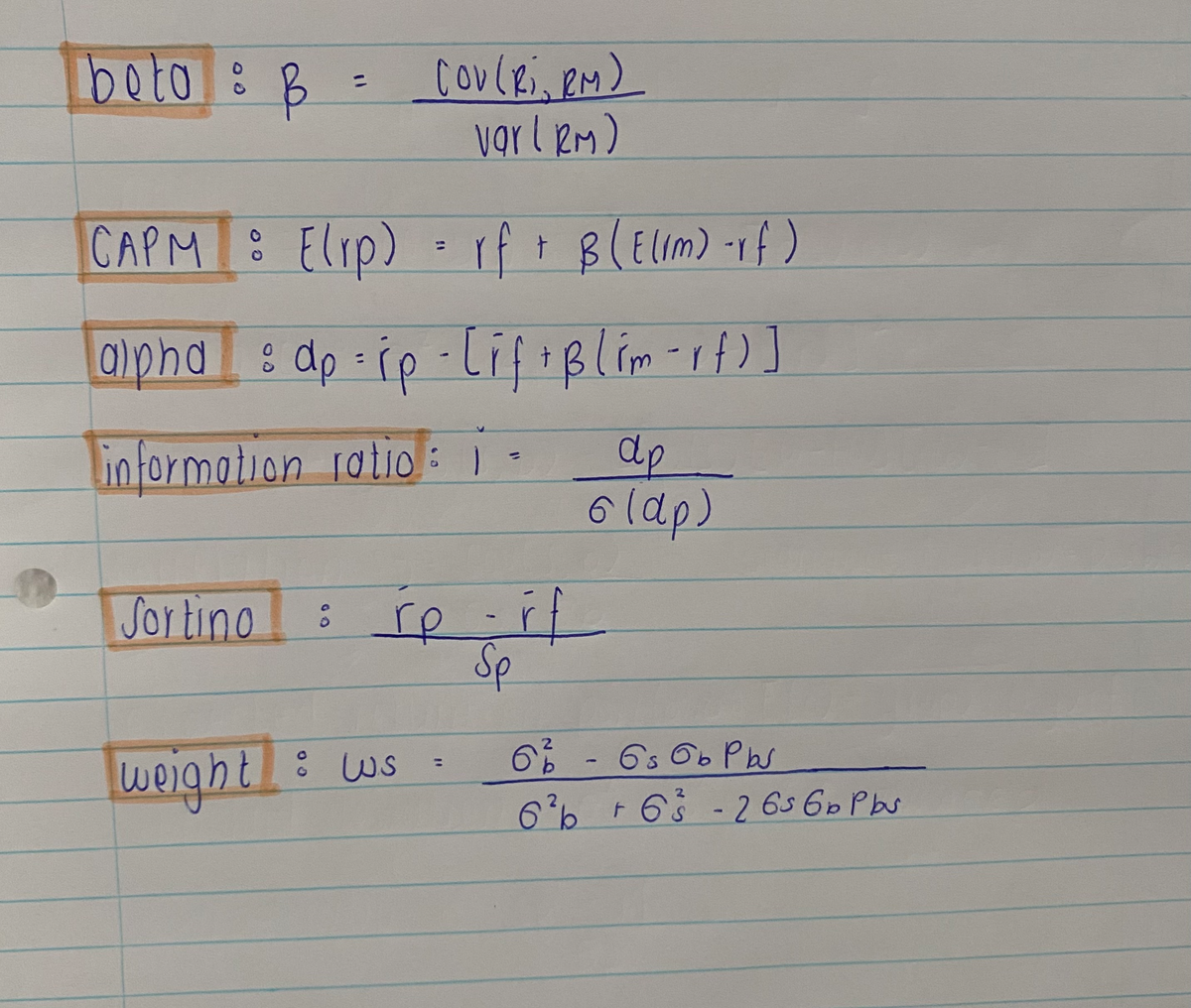 IMG 2833 - Formula sheet - 254 - beto : B COU(Ri,RM) VarlRM) CAPM E(rp ...