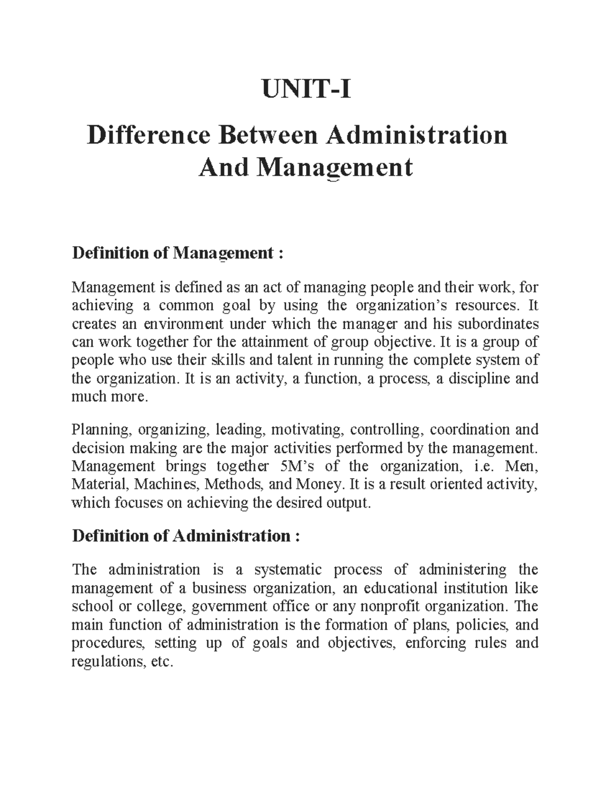 Management Organization Administration Concept-converted - UNIT-I ...
