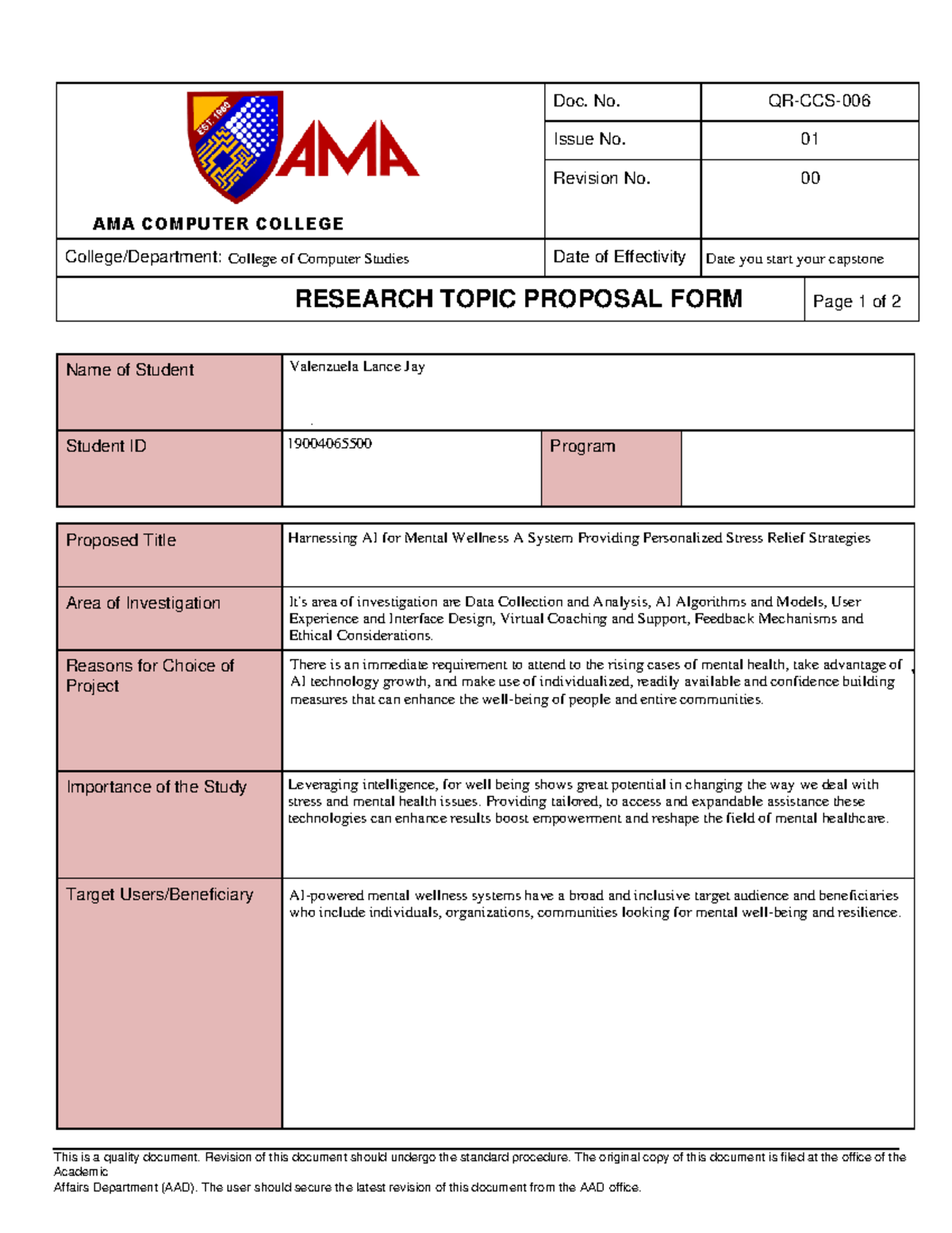 AI-for-Mental-Wellness proposal - AMA COMPUTER COLLEGE SANTIAGO CITY ...