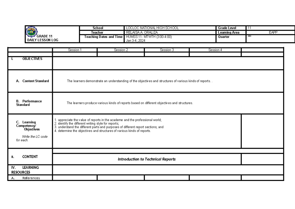 DLL Technical Report - SAMPLE DLP - GRADE 1 1 DAILY LESSON LOG School ...