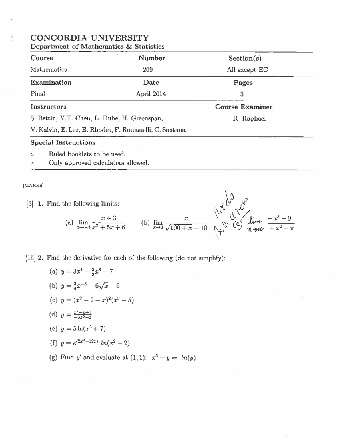 MATH 209 Final EXAM April 2014 - MATH 209 - Studocu