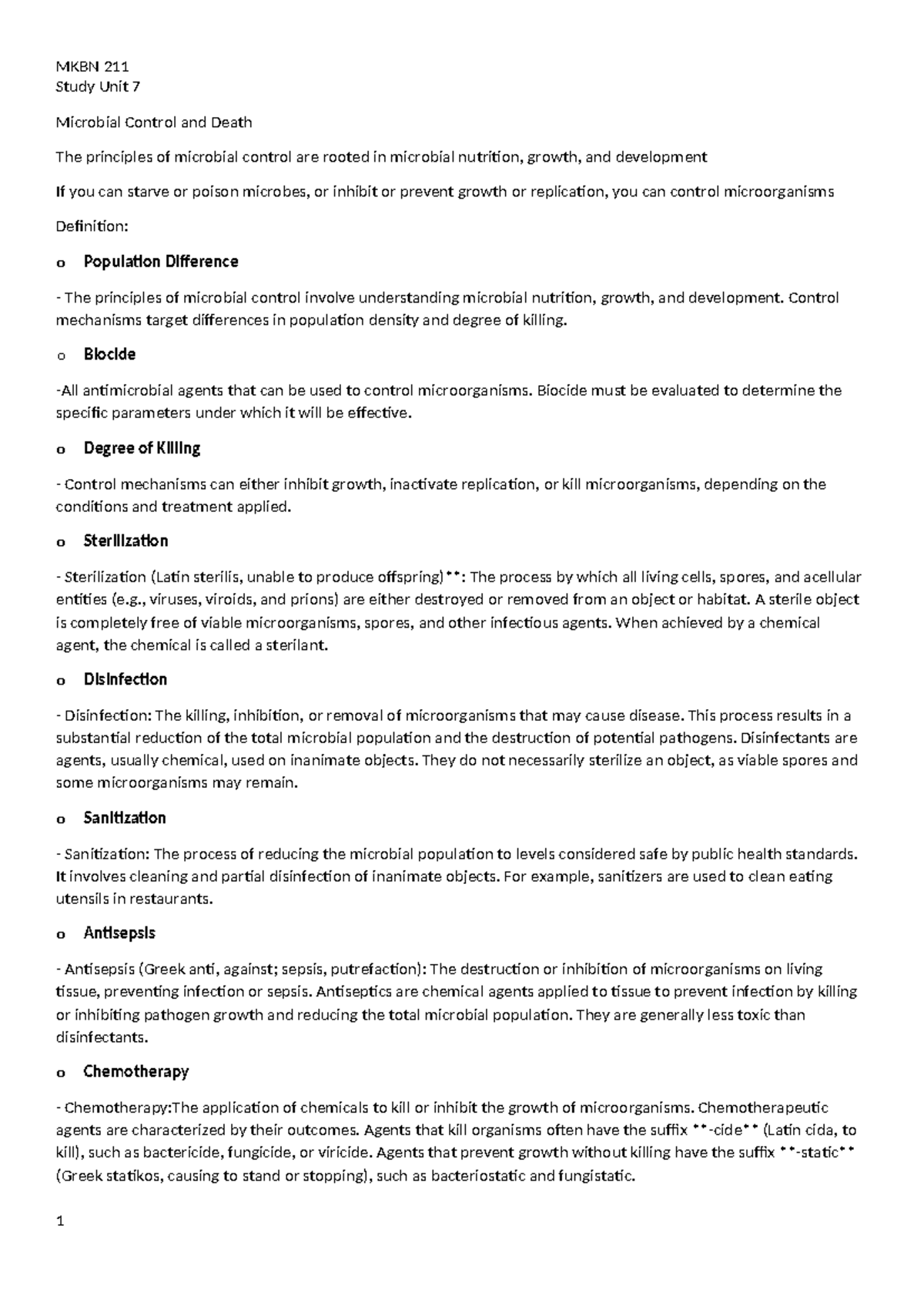 Study Unit 7 mkbn - Study Unit 7 Microbial Control and Death The ...
