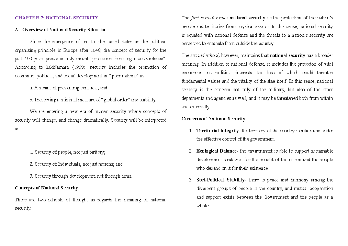 CWTS-FT - Final Term Notes - CHAPTER 7: NATIONAL SECURITY A. Overview ...