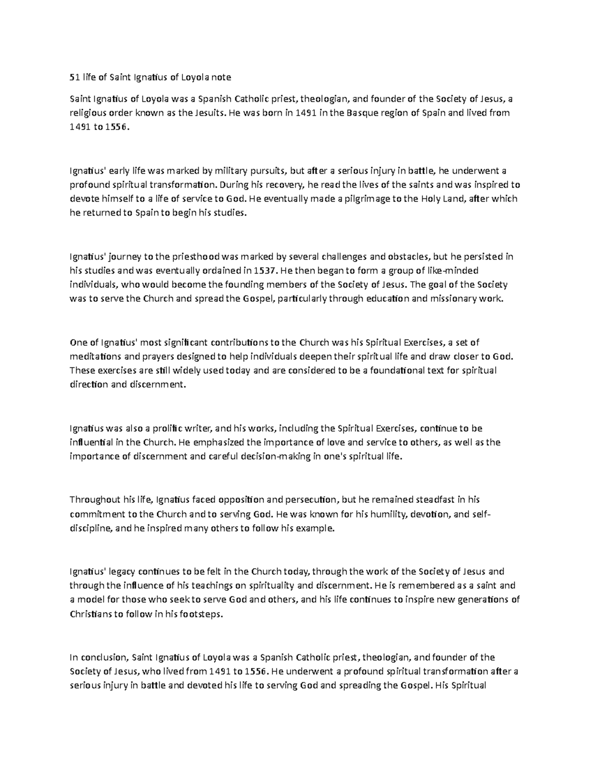 51 life of Saint Ignatius of Loyola note - He was born in 1491 in the ...