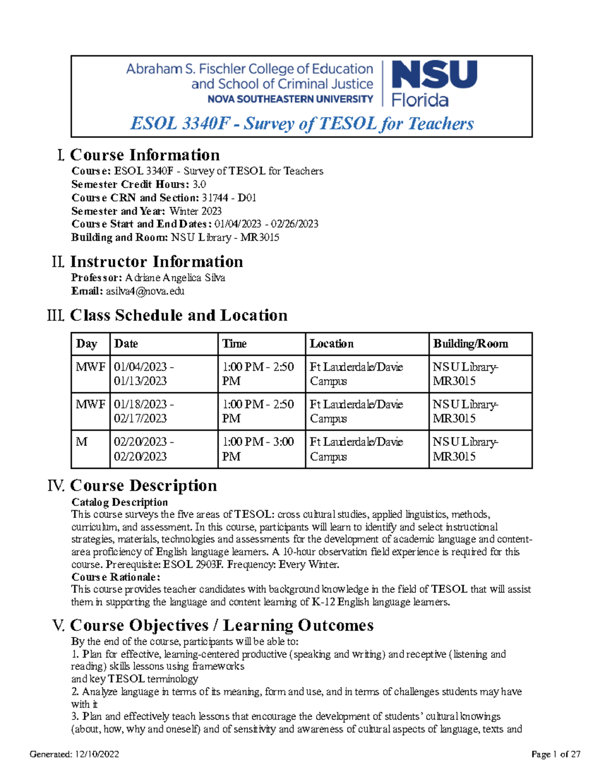 Survey of TESOL for teachers syllabus - ESOL 3340F - Survey of TESOL ...