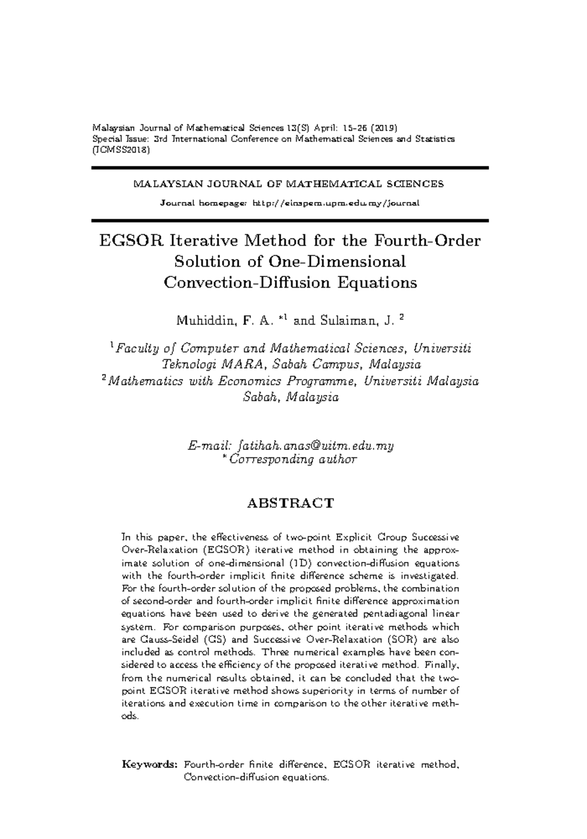 Egsor Iterative Method For The Fourth Order Solution Of One Dimensional Convection Diffusion