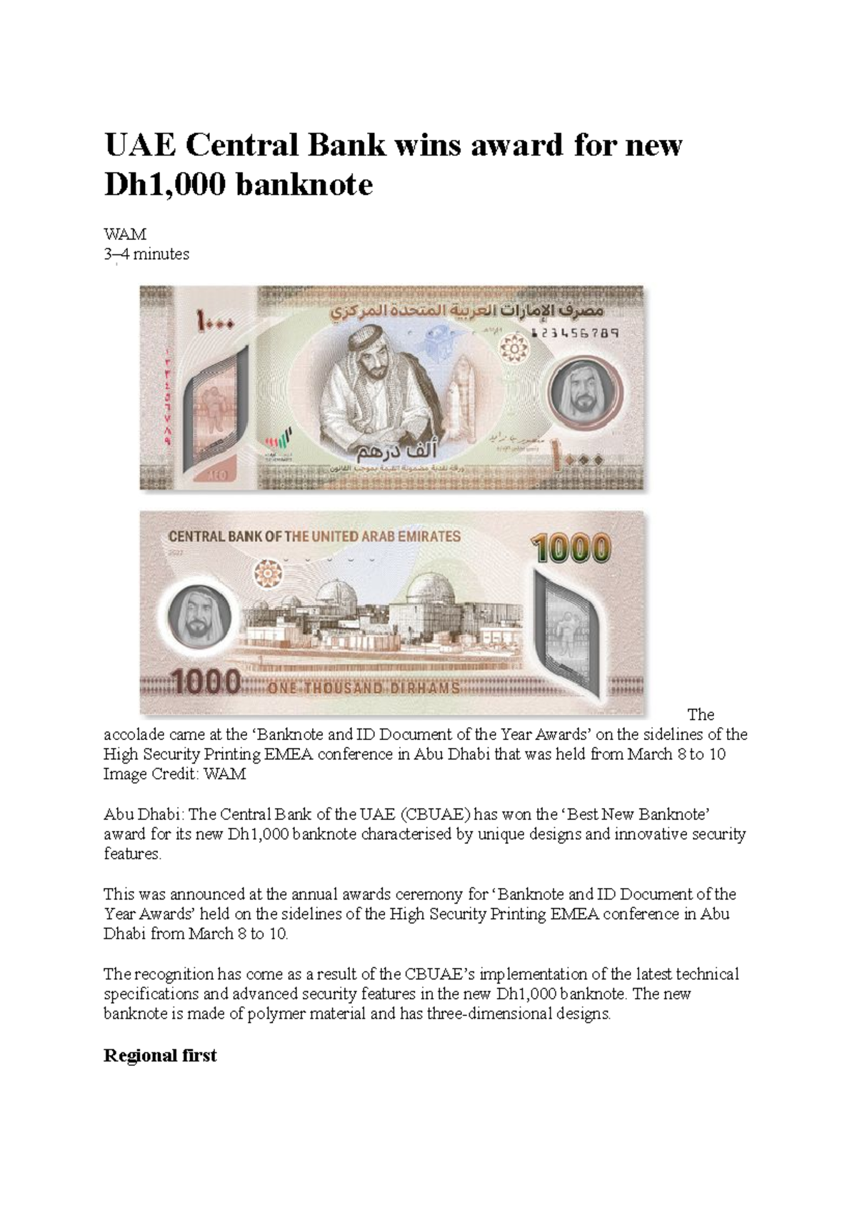 Assignment 01 - UAE Central Bank wins - UAE Central Bank wins award for ...