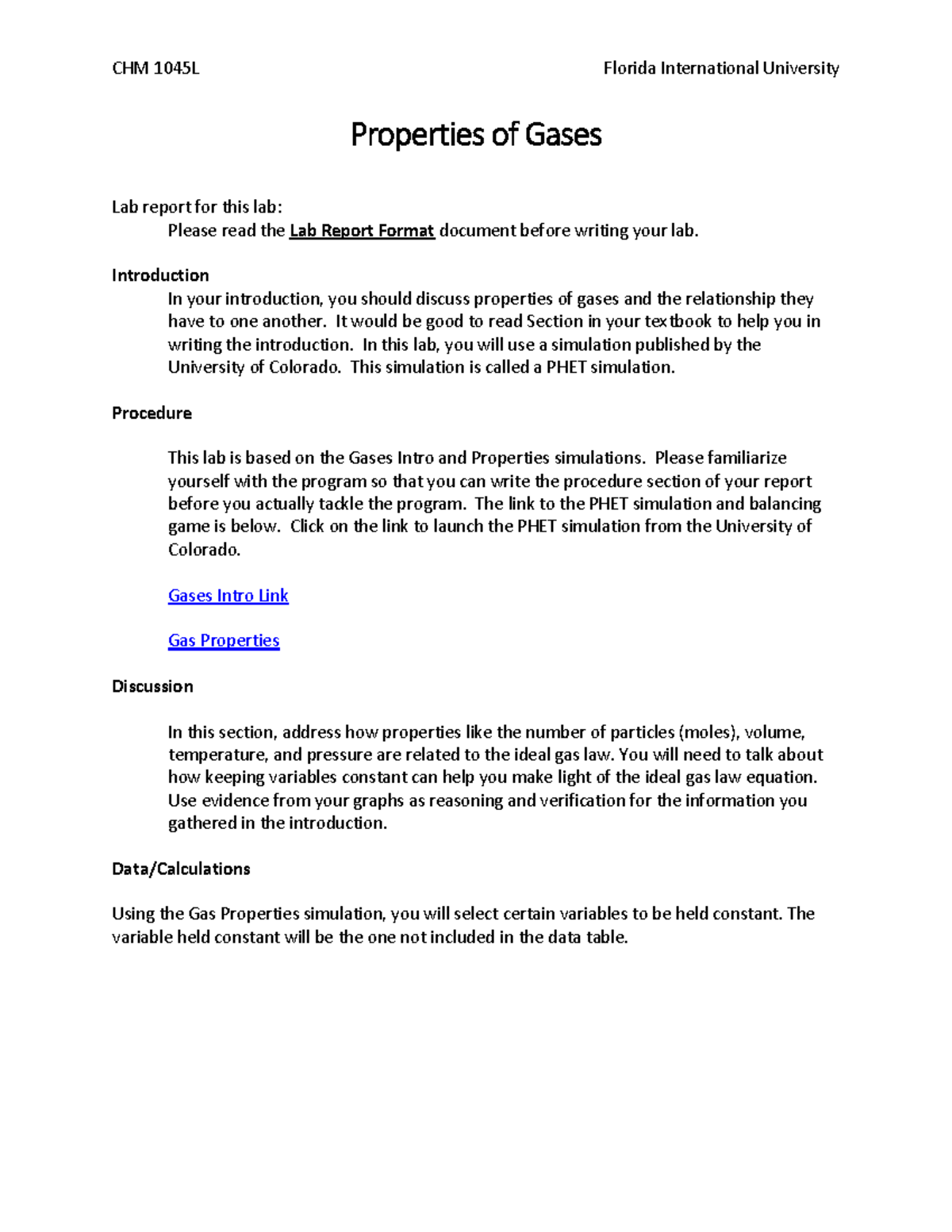 Gas Laws - Properties of gases - CHM 1045L Florida International ...