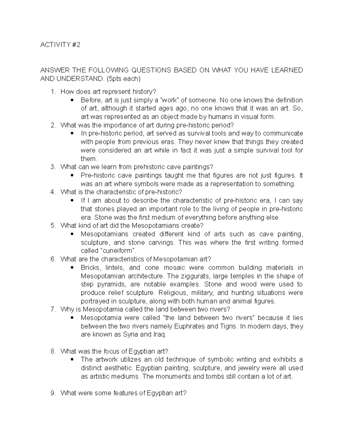 Art history - ACTIVITY ANSWER THE FOLLOWING QUESTIONS BASED ON WHAT YOU ...