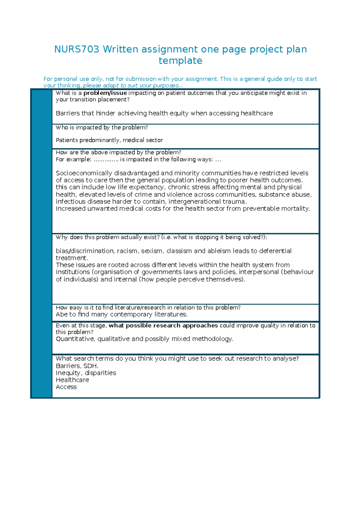 One page project plan template sem 1 22 - NURS703 Written assignment ...