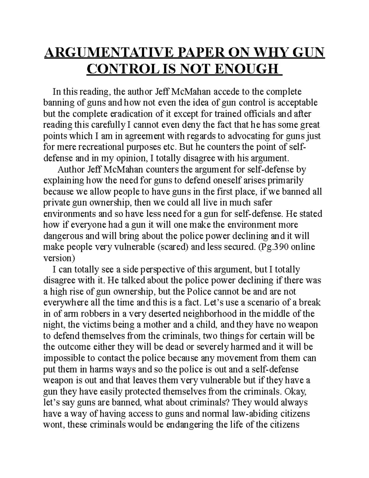 Paper 2 - ARGUMENTATIVE PAPER ON WHY GUN CONTROL IS NOT ENOUGH In this ...