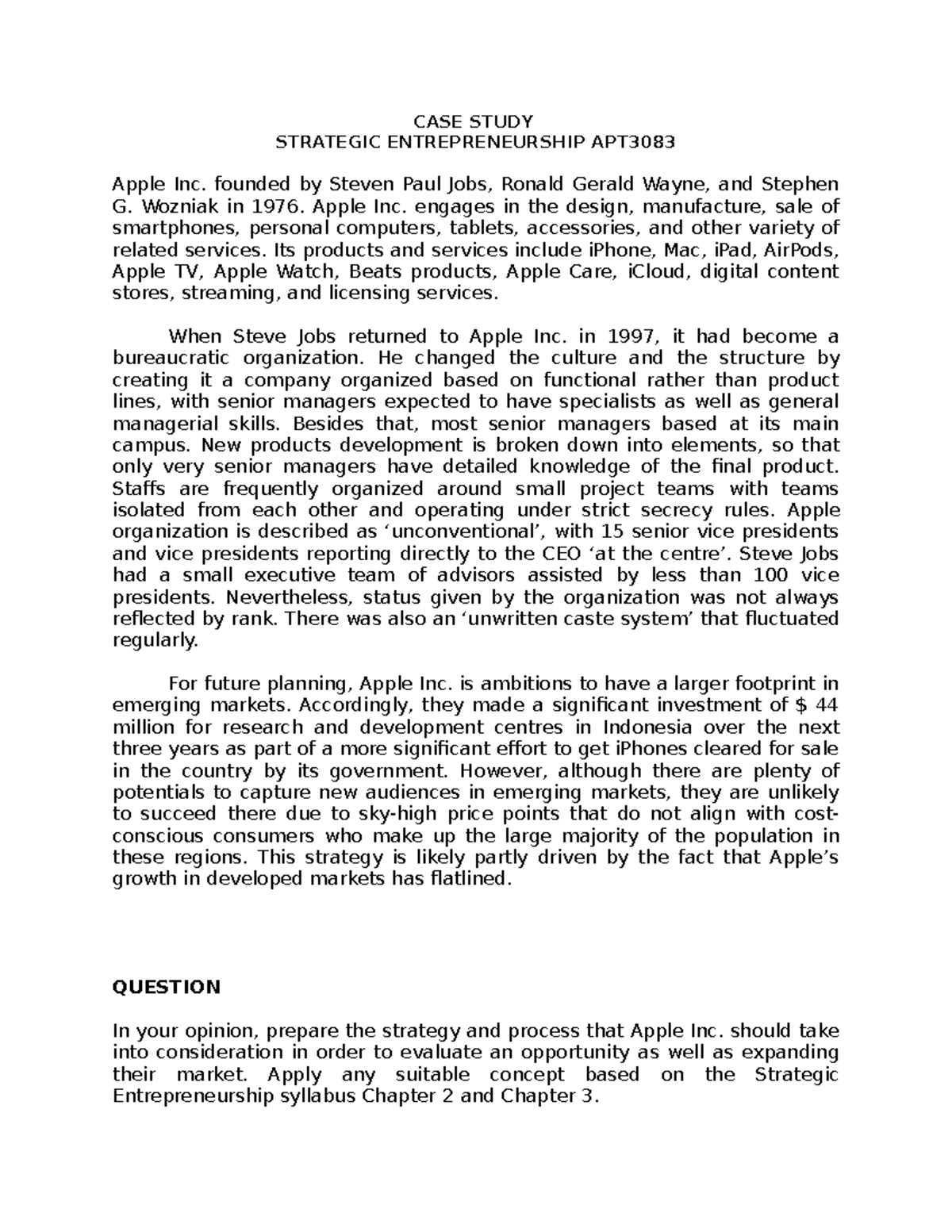 Apple CASE Study APT3083 - CASE STUDY STRATEGIC ENTREPRENEURSHIP APT ...
