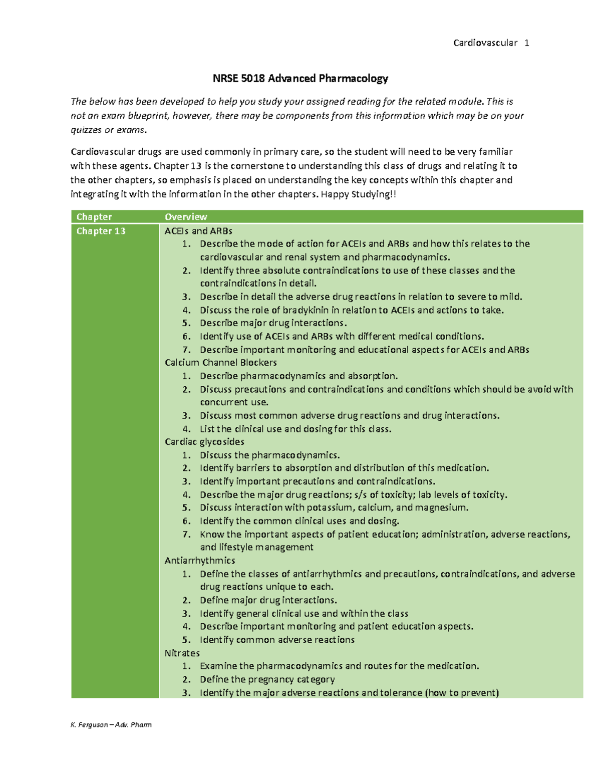 5018 key concepts for module 3 cardiac - Cardiovascular 1 K. Ferguson ...