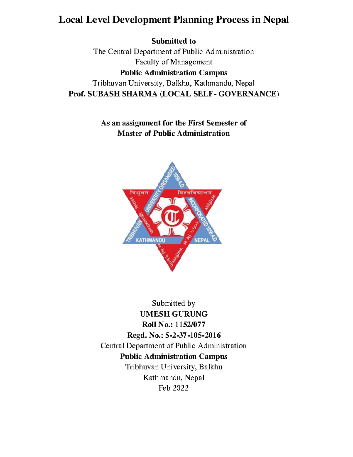 Local Self Governance Assignment MPA I Umesh Gurung 1152 - Local Level ...