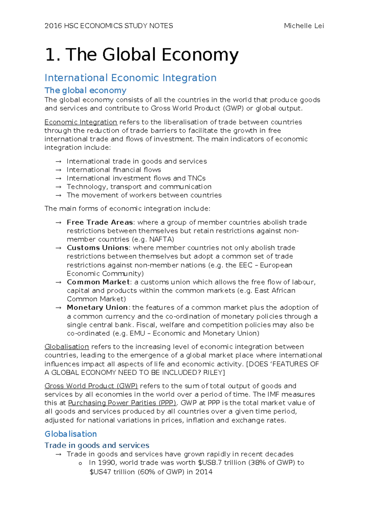 1. The Global Economy - Notes - 1. The Global Economy International ...