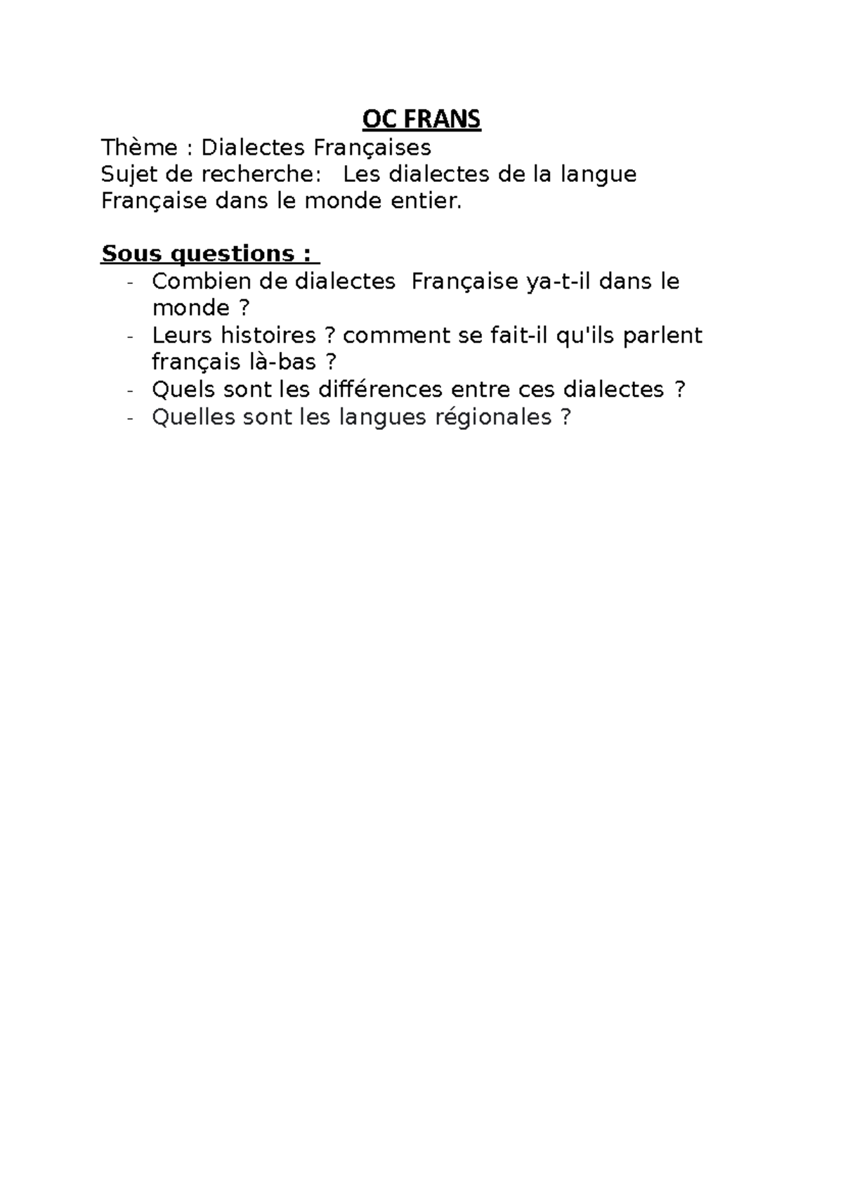 OC Frans - oc French - OC FRANS Thème : Dialectes Françaises Sujet de ...