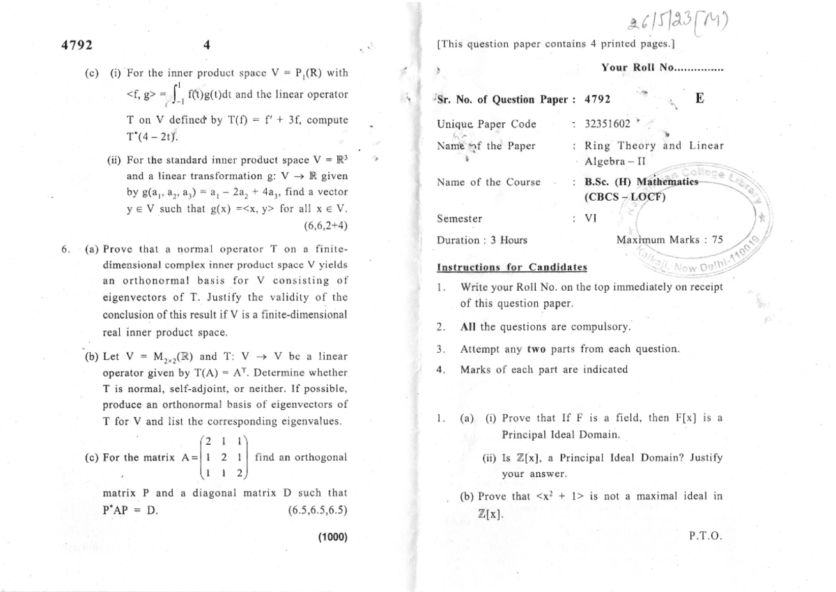 B.Sc. H Mathematics Ring zk Nlxl U - At lqas f /) 4792 [This question paper contains 4 printed ...