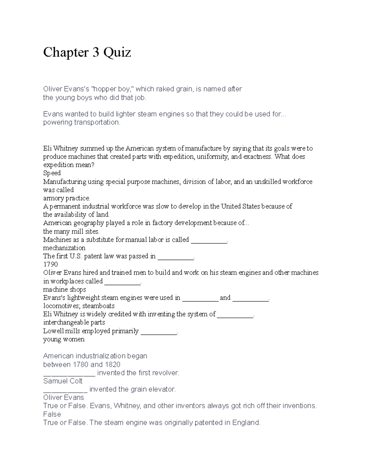 Chapter 3 Quiz - Chapter 3 Quiz Oliver Evans's "hopper boy," which ...