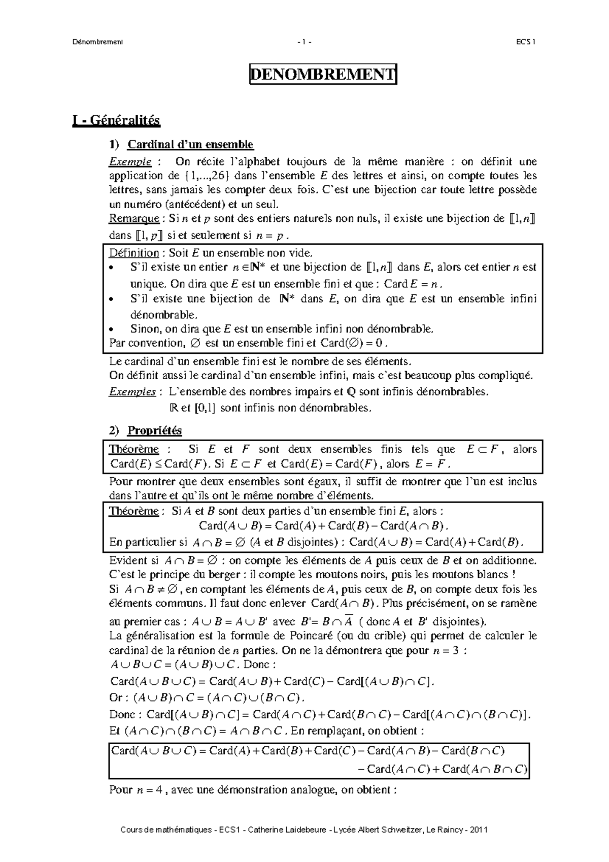12 Denombrement - DENOMBREMENT I - Généralités Cardinal d’un ensemble ...