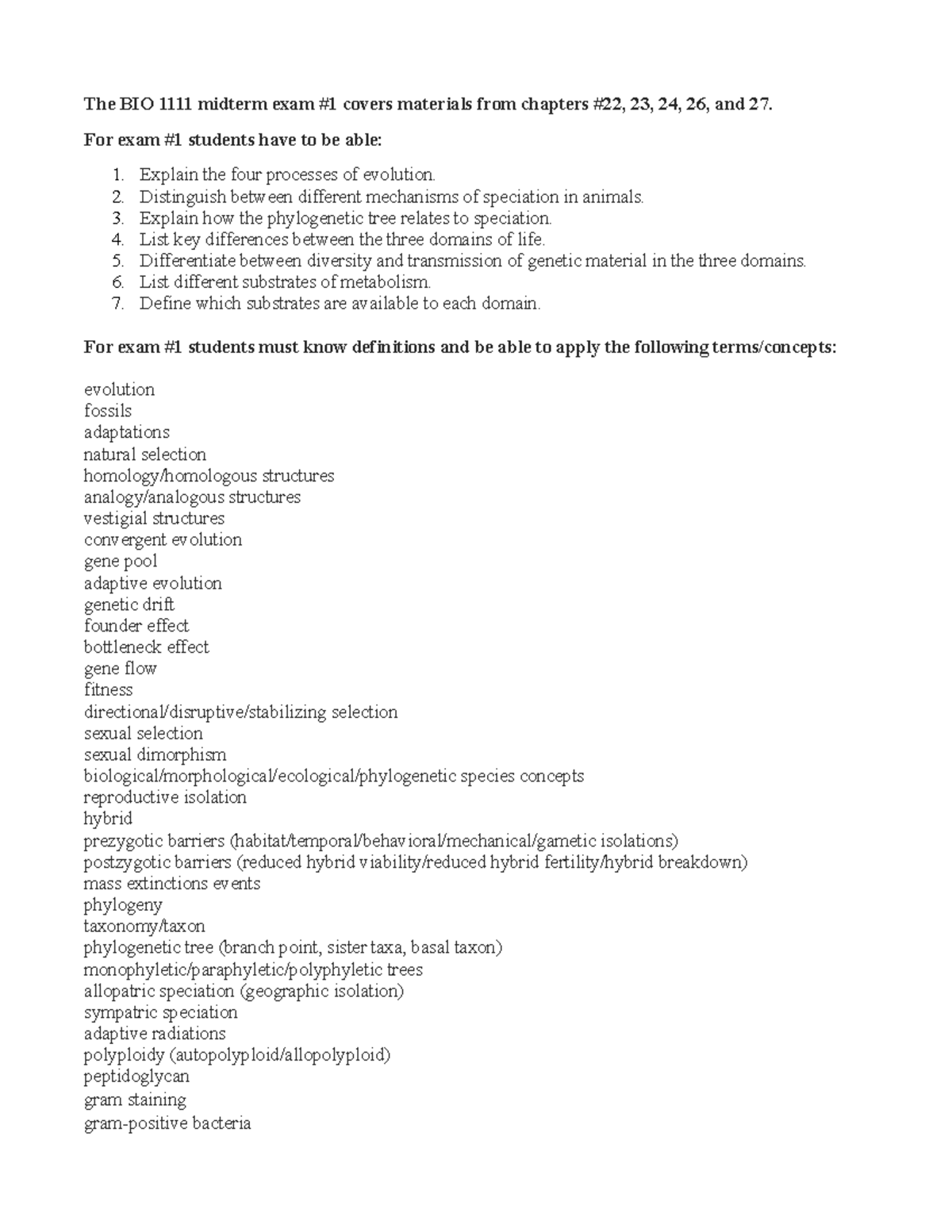 BIO1111 Midterm 1 Study Guide Sp2023 - The BIO 1111 midterm exam #1 covers materials from ...