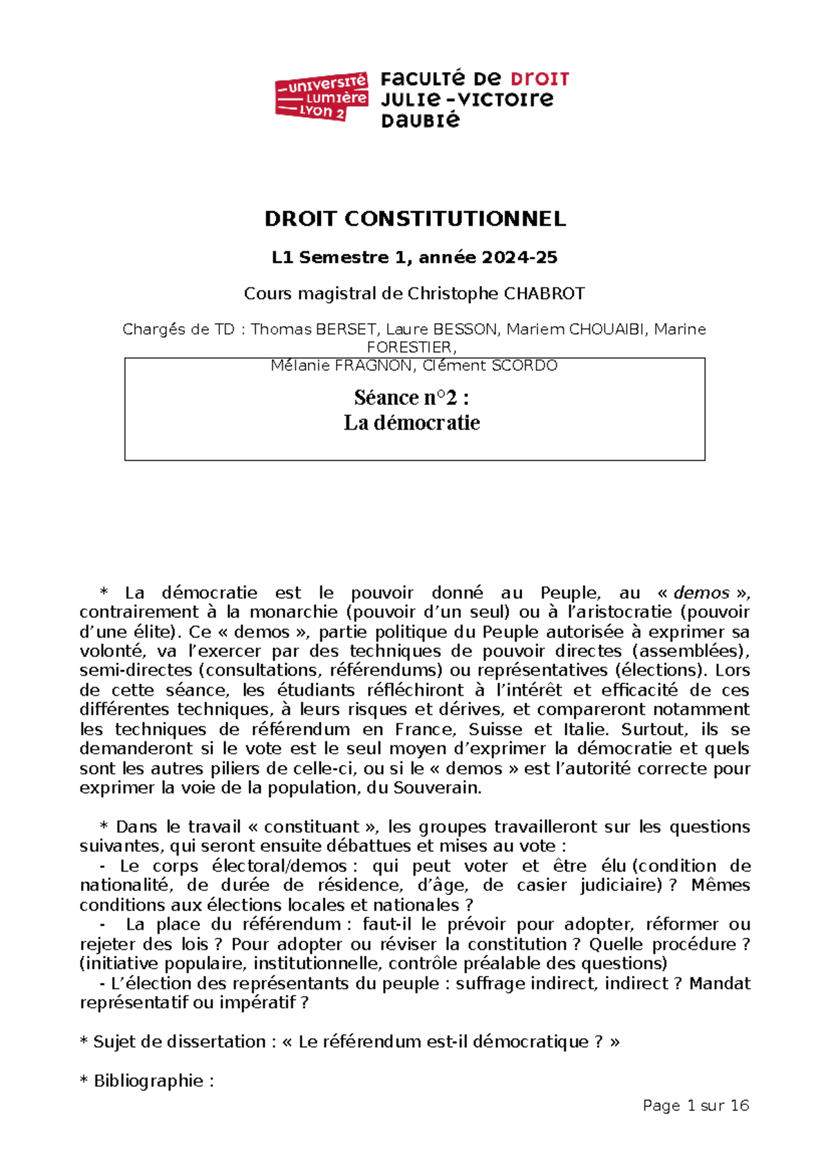 Dt Constit 1 CC 2024 Fiche TD2 La Démocratie - DROIT CONSTITUTIONNEL L1 ...