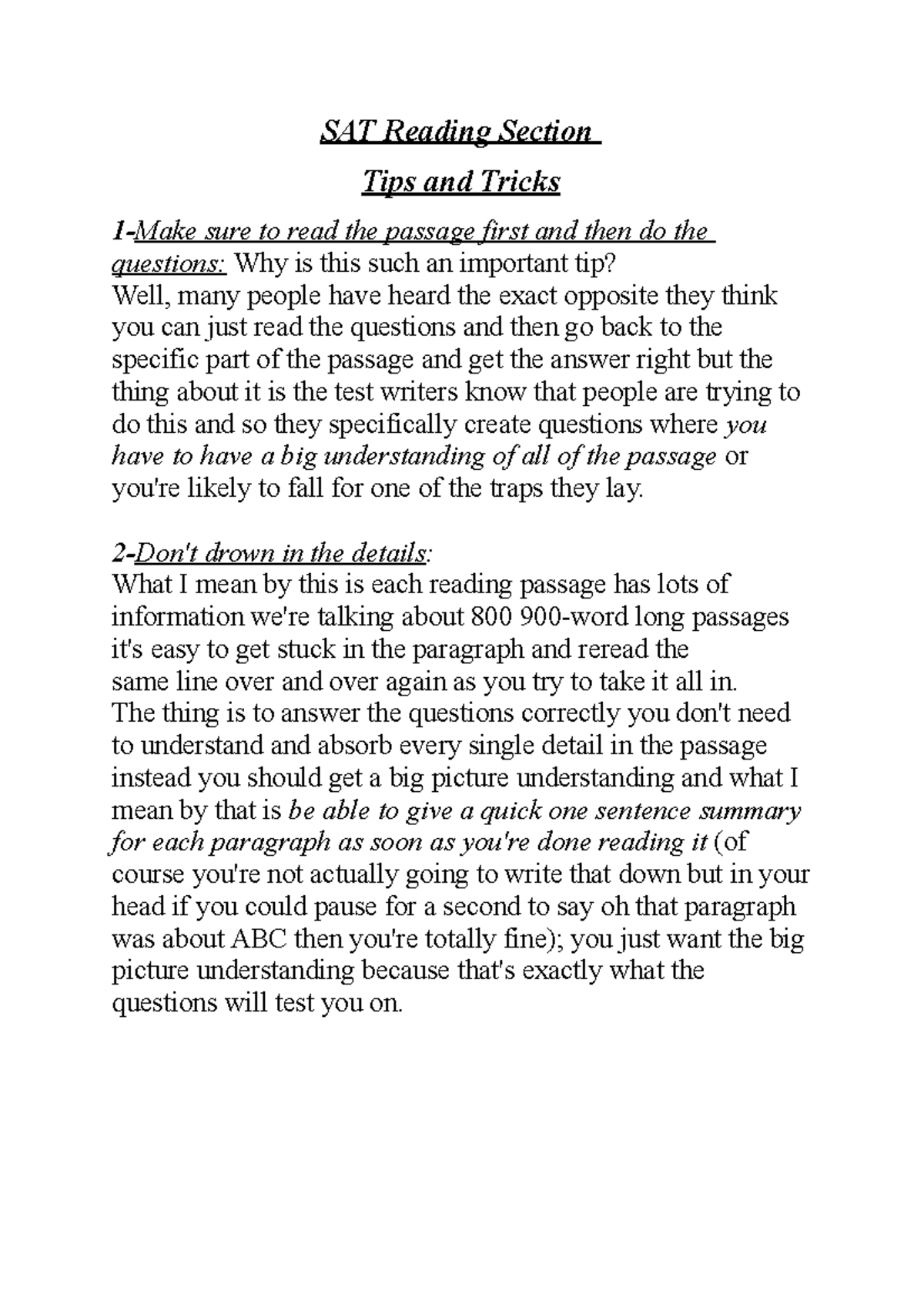 SAT Reading Section - Mikel liekl. - SAT Reading Section Tips and ...