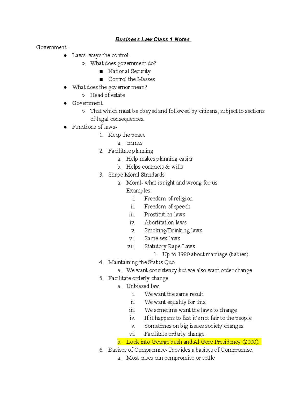 Business Law - Lecture notes 1 - Business Law Class 1 Notes Government ...