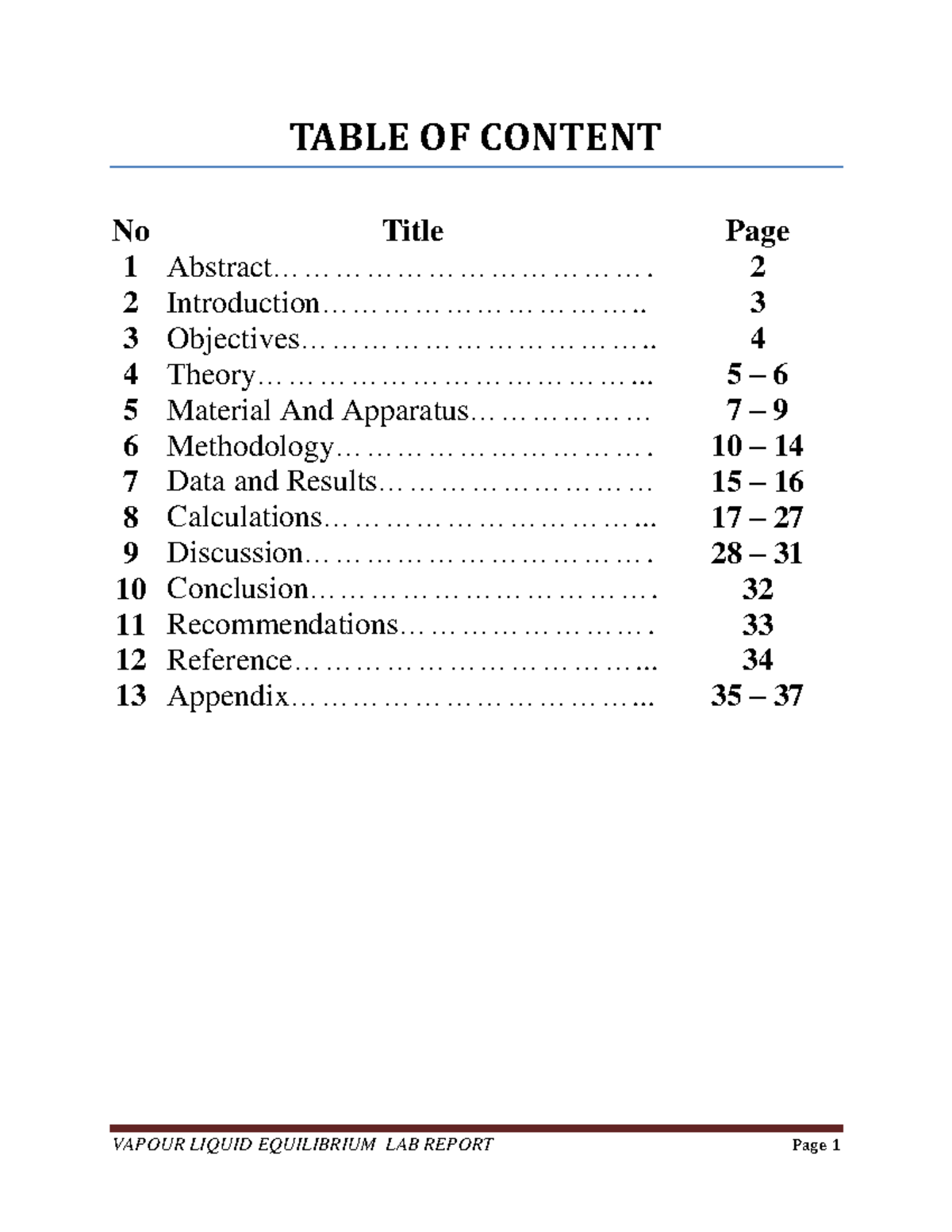 CHE144 Lab Report VLE Lab Report 2015 - TABLE OF CONTENT 1 - Studocu