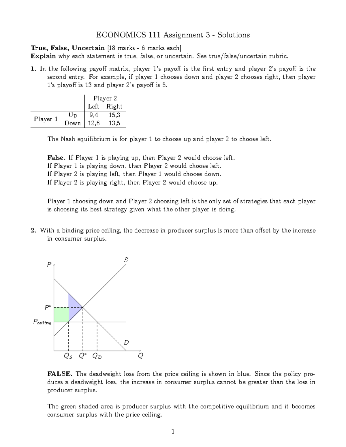 Assignment 3 Solutions - ECONOMICS 111 Assignment 3 - Solutions True, False, Uncertain[18 marks ...