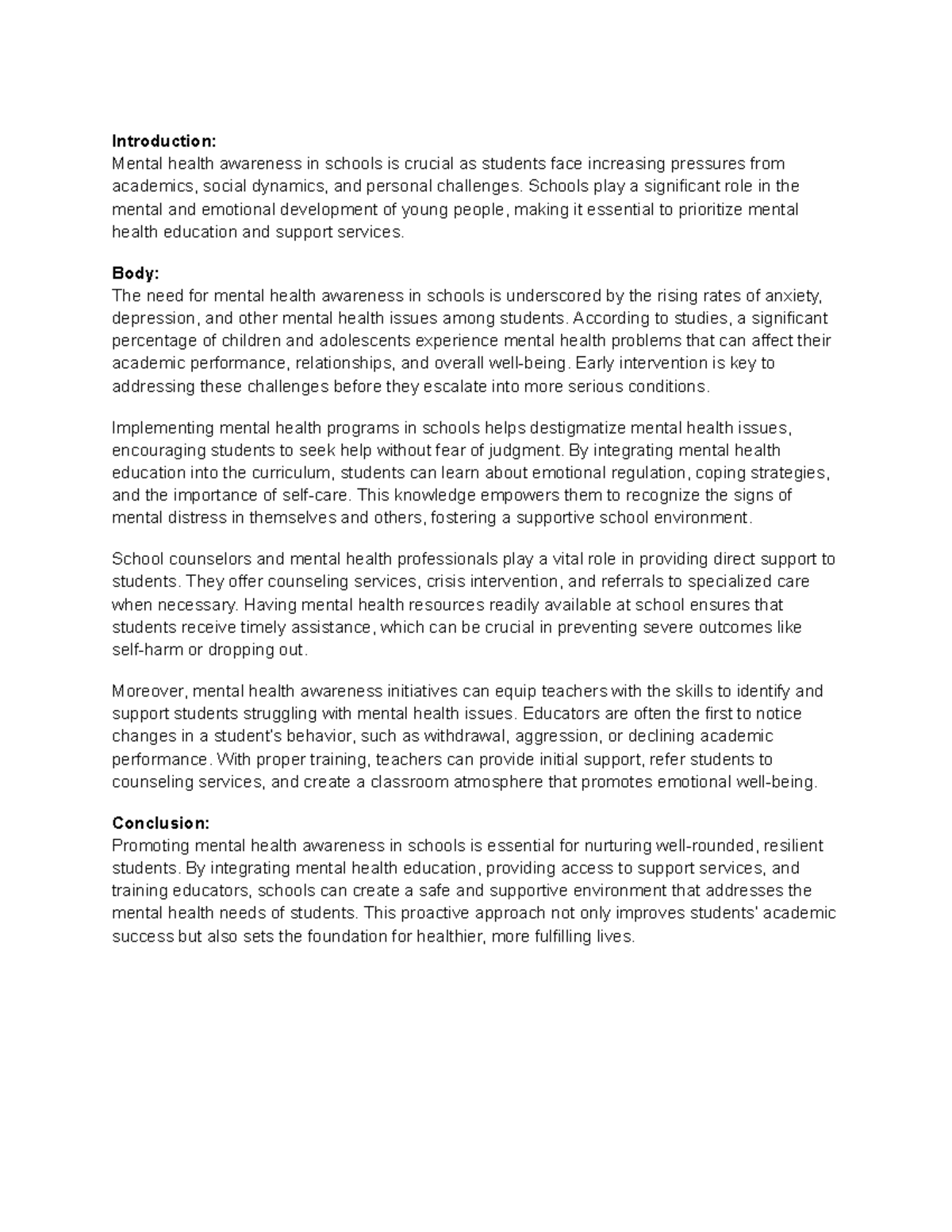 Essay 3 - the - Introduction: Mental health awareness in schools is ...