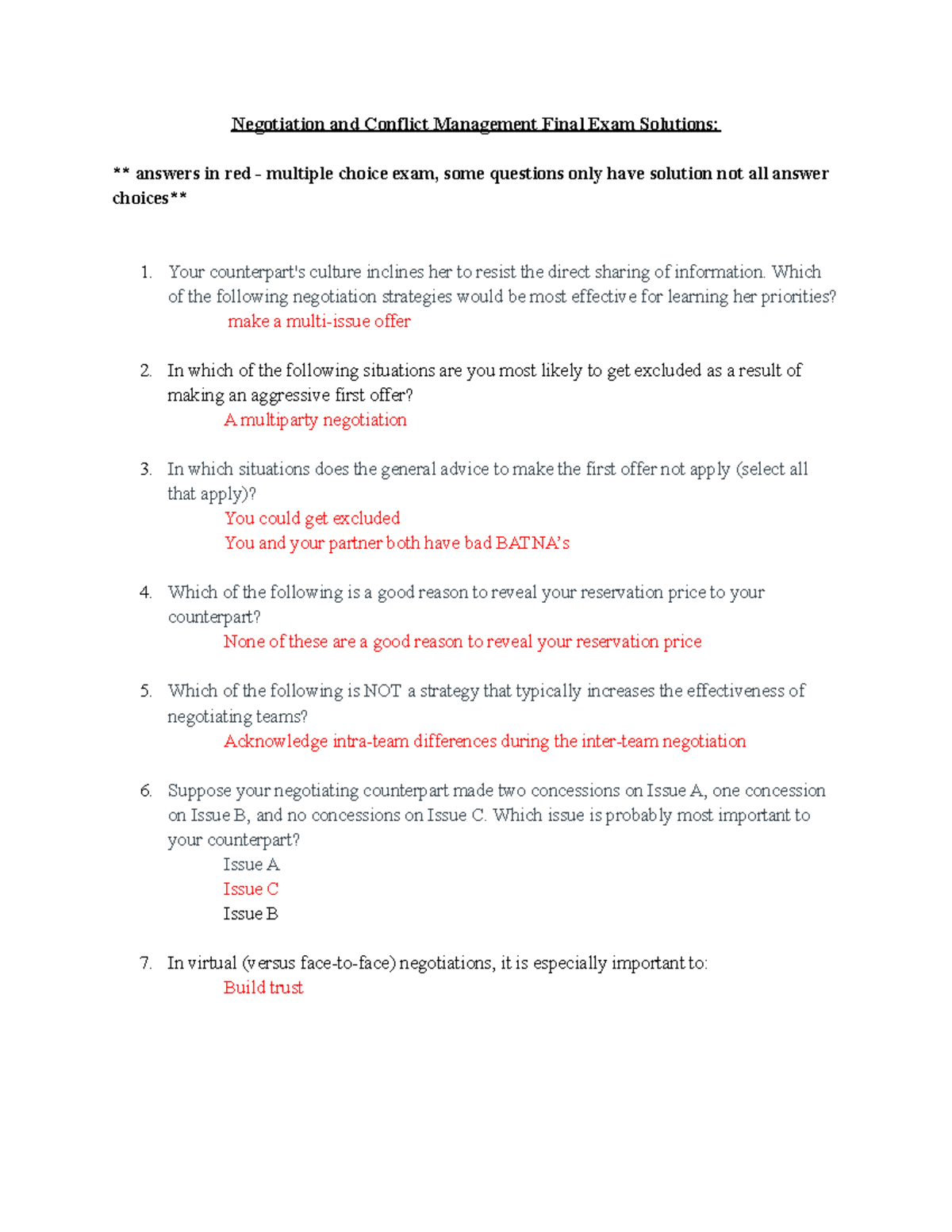 Negotiation and Conflict Management Final Exam Solutions - Which of the ...
