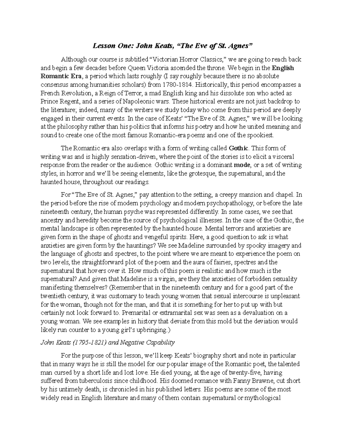 Lesson 1 Keats - Worksheet - Lesson One: John Keats, “The Eve of St ...