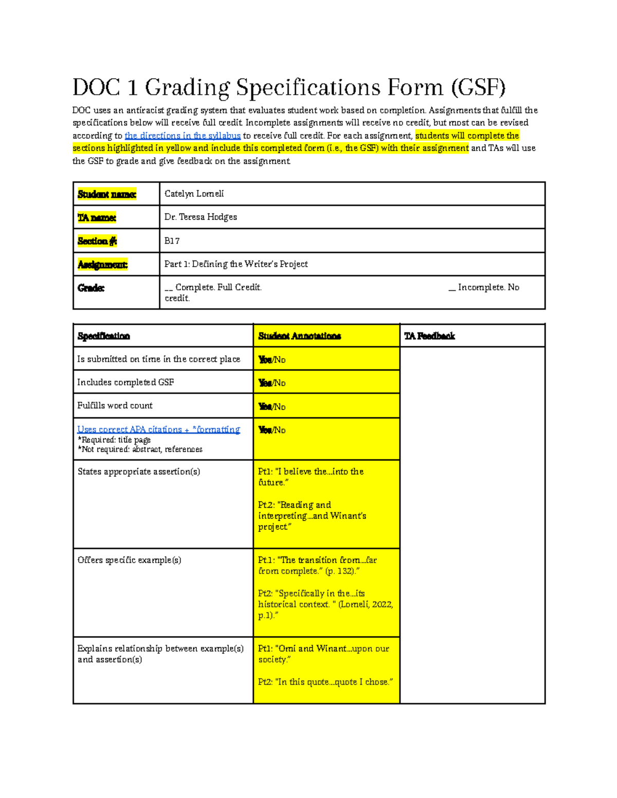 Lomeli Part 1: Defining the Writer's Project DOC1 B17 - DOC 1 Grading ...