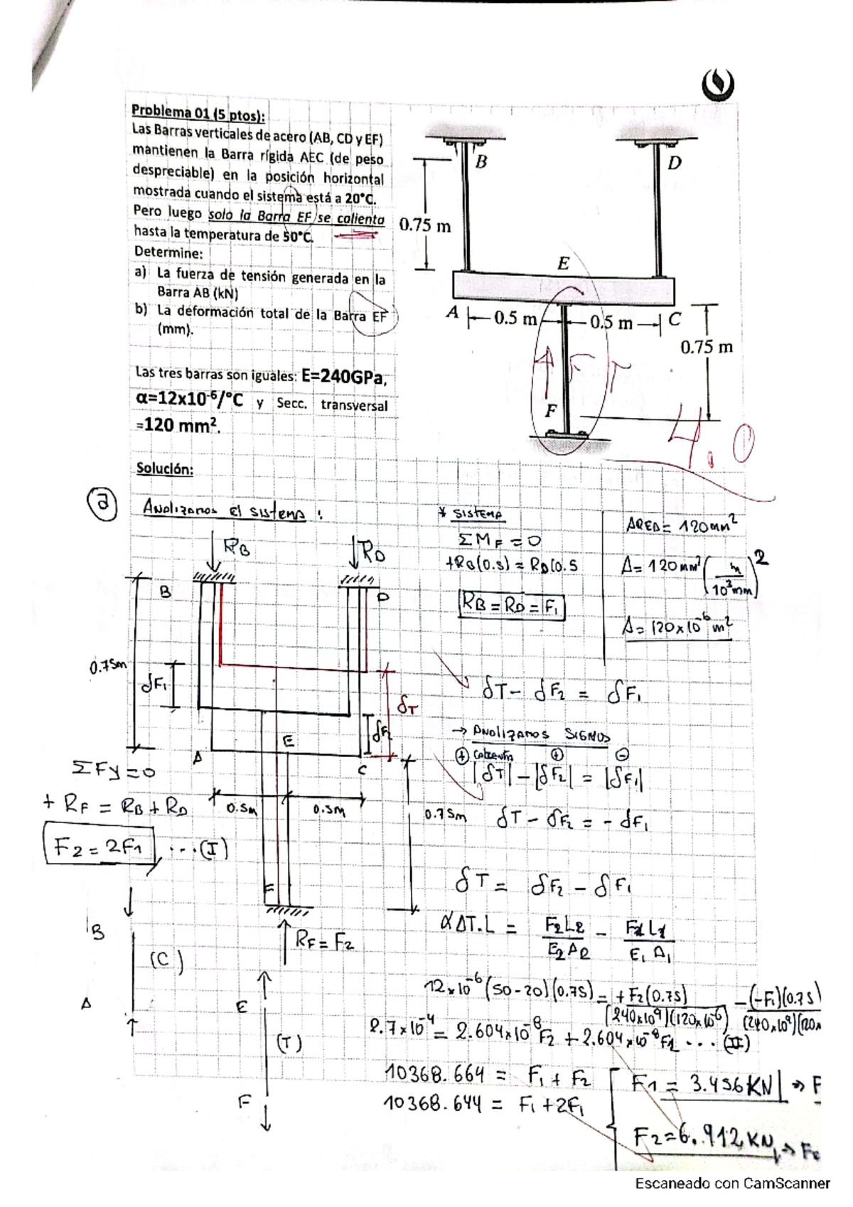 EX1 Castillo 2024-0 - repaso - Problema 01 (5 ptos): Las Barras verticales de acero (AB, CD YEF ...