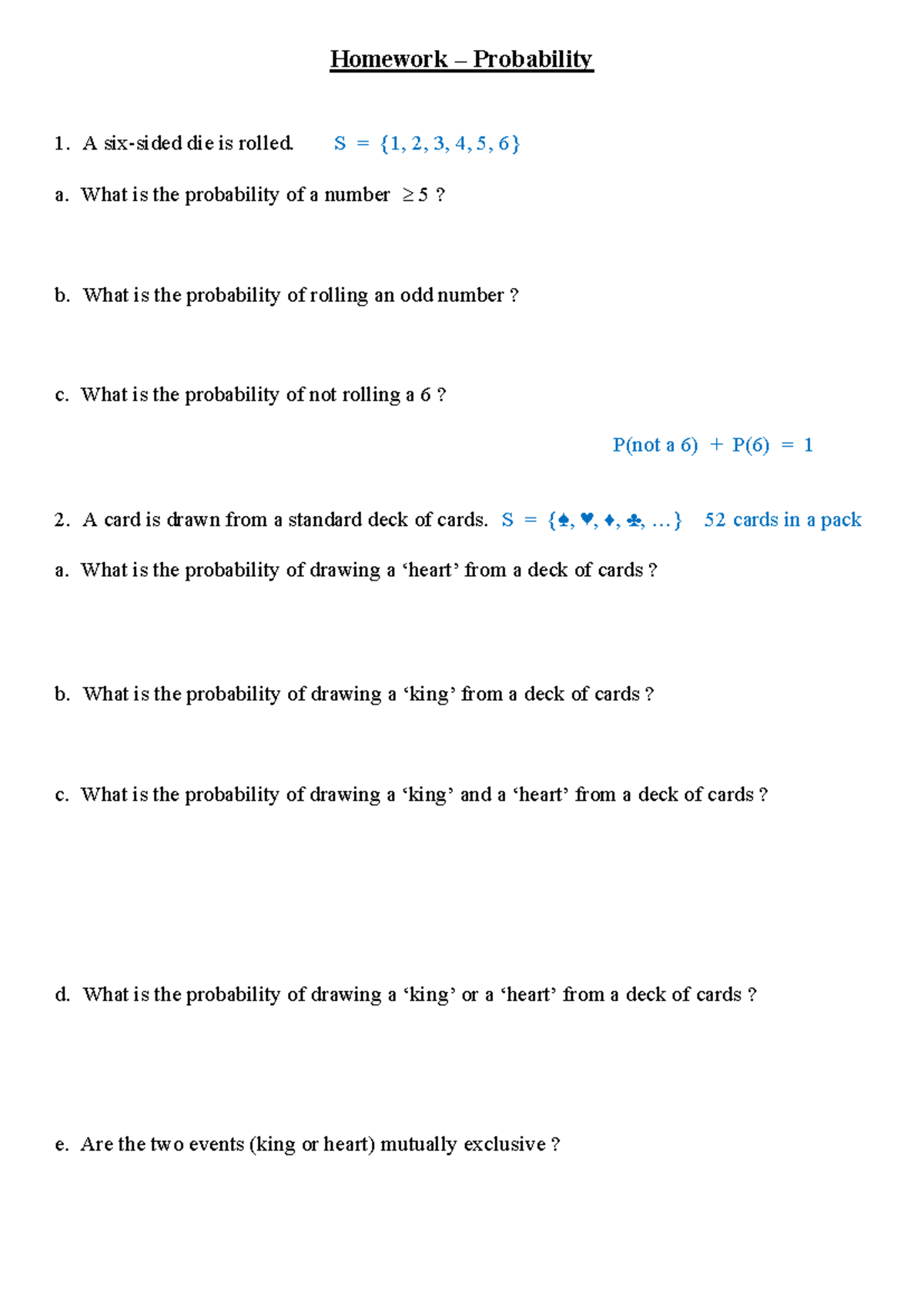 Homework - Probability - Homework – Probability 1. A six-sided die is ...