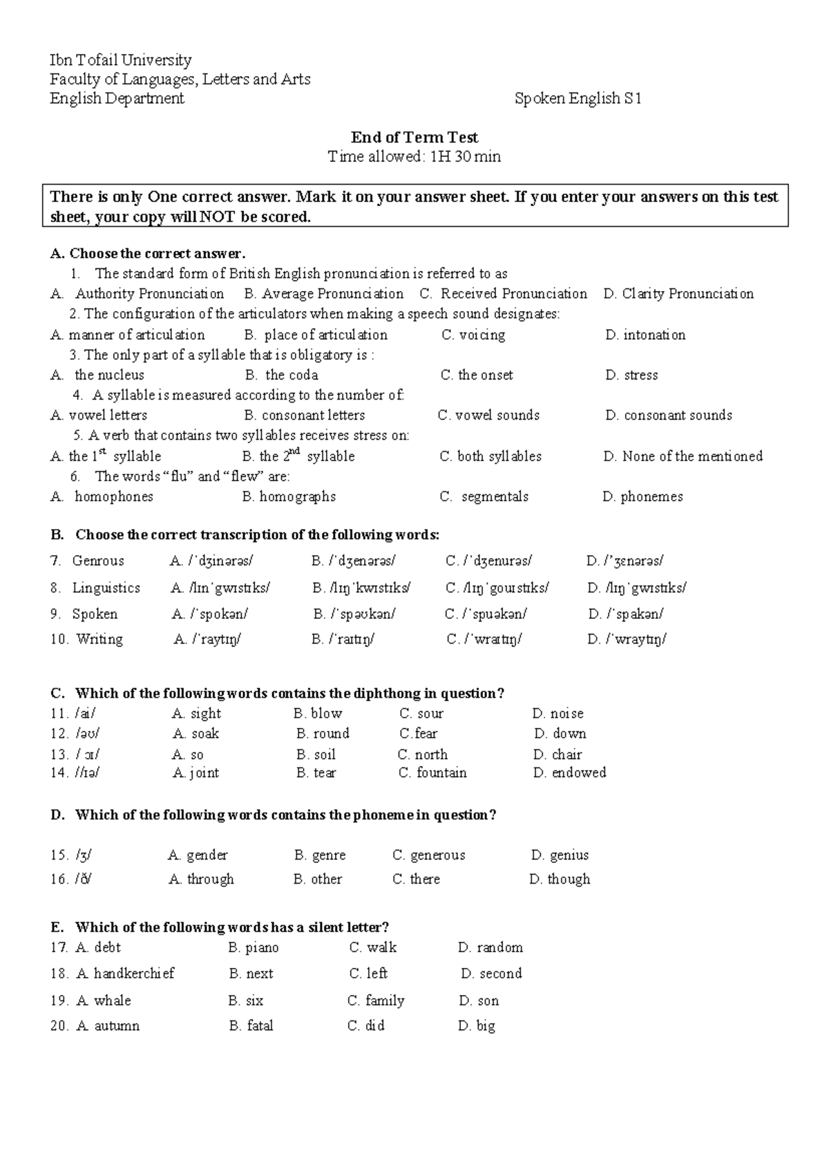 Spoken English Exam Sample - There is only One correct answer. Mark it ...