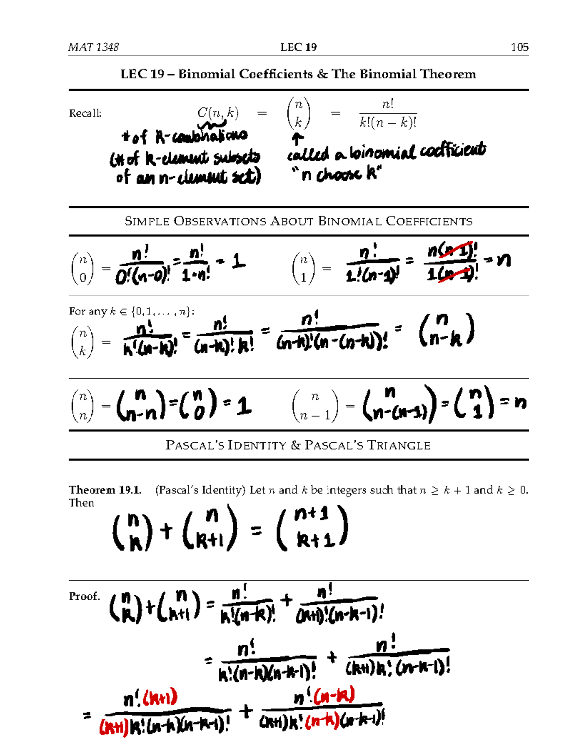 MAT 1348 Lecture 19 Filled - MAT 1348 LEC 19 105 LEC 19 – Binomial Coefficients & The Binomial ...