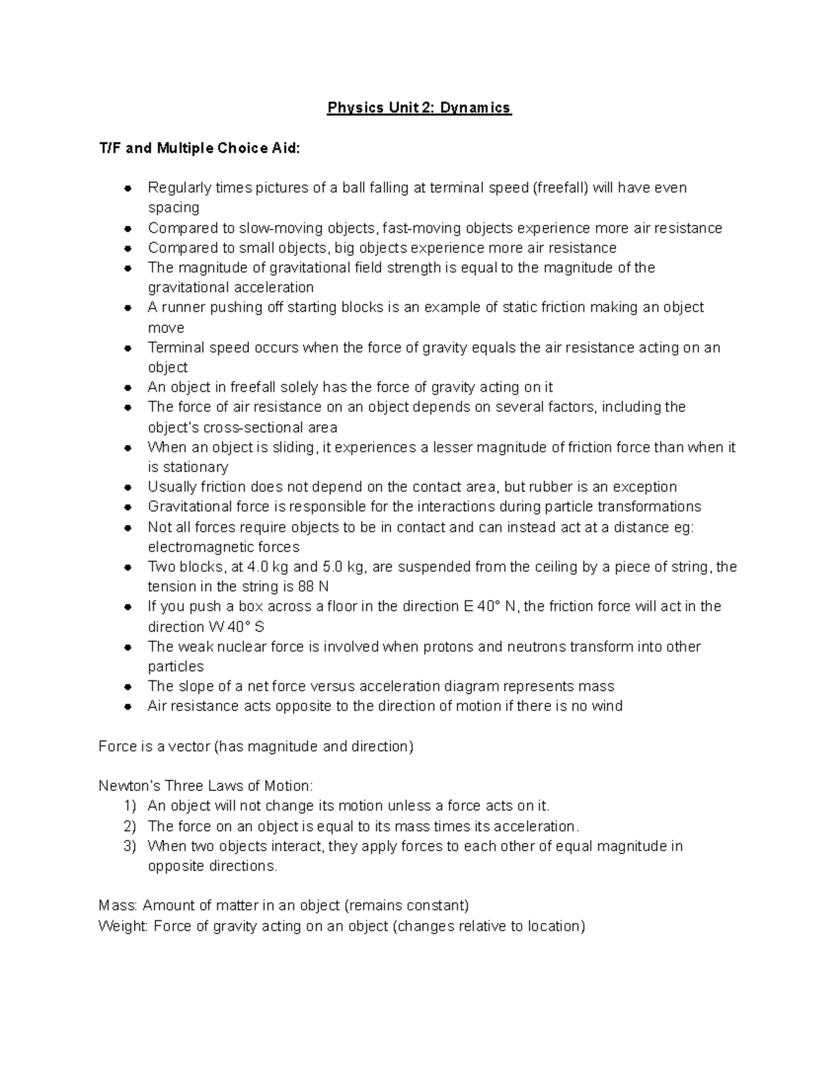 Physics Unit 2- Dynamics - Physics Unit 2: Dynamics T/F and Multiple ...